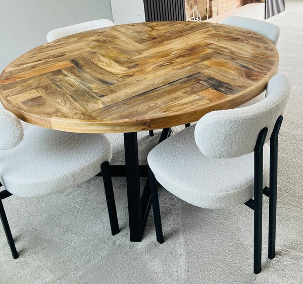 Round Solid Mango Wood Dining Table | Herringbone Design - 140cms ...