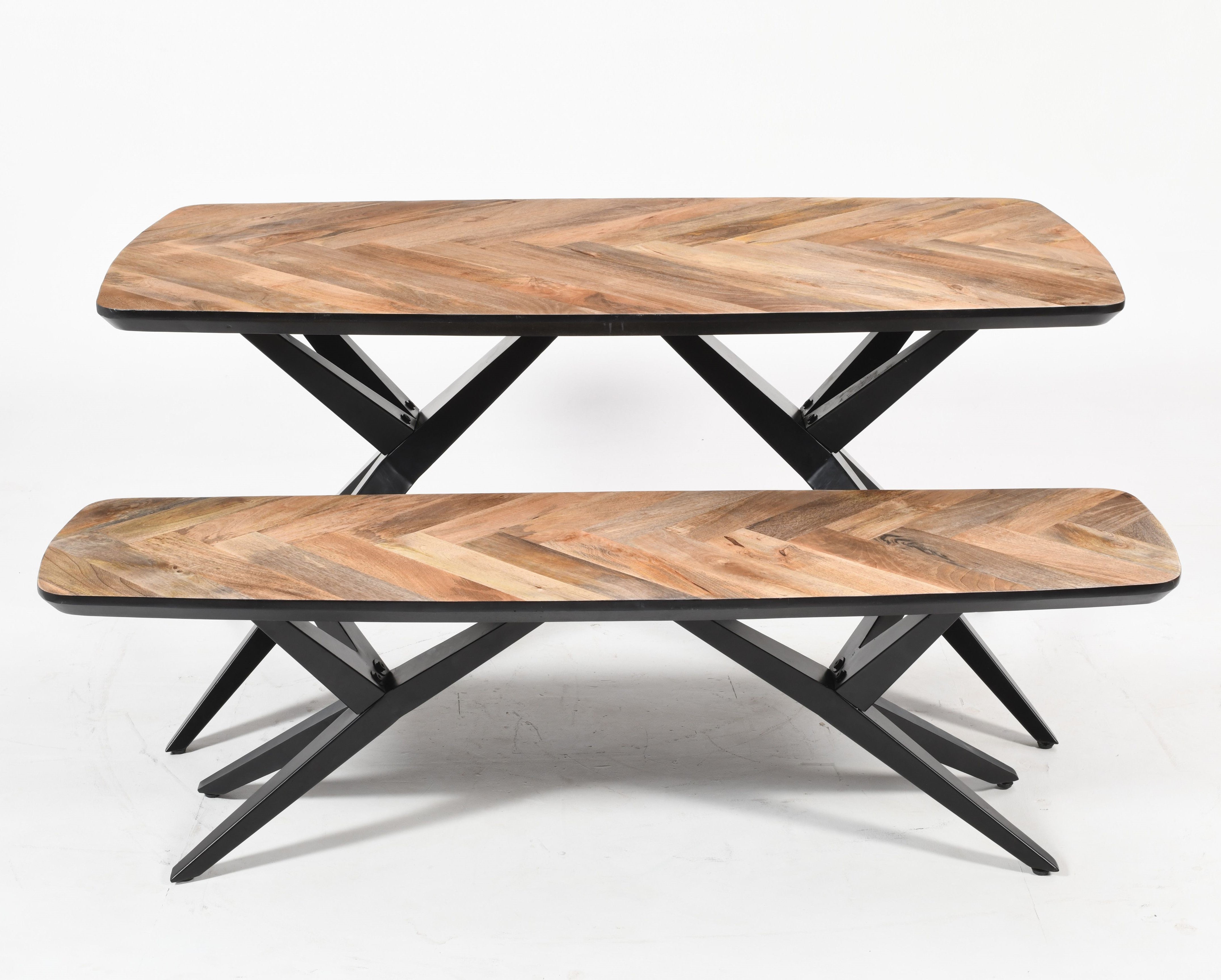 Solid Mango Wood Herringbone Curved Dining Bench Airloft Legs 160c Casa Maria Designs