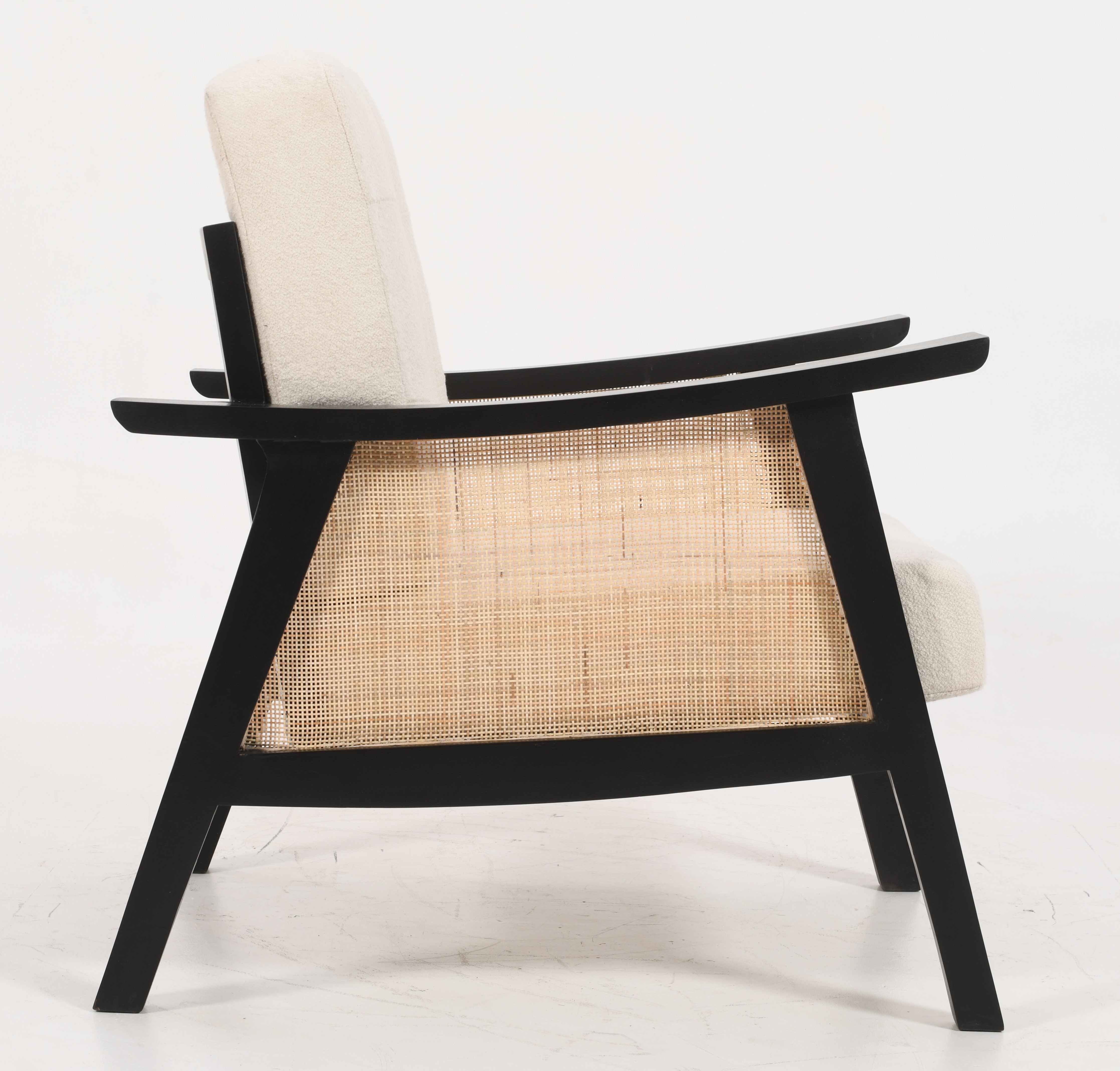 Mid Century Rattan Accent Chair Solid Acacia Wood Off White Boucle Casa Maria Designs